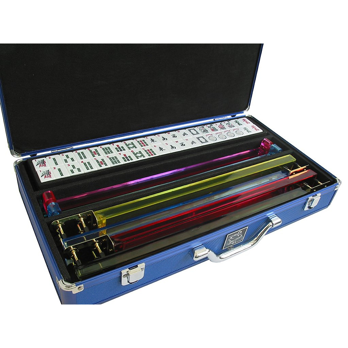 White Swan Mah Jongg - American Mahjong Game Set (166 Premium White Tiles, Pusher Arms, Aluminum Case, Blue)