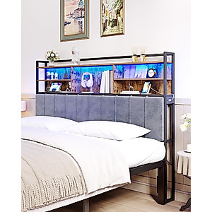 Hzuaneri Headboard with 3-Tier Storage Shelves, Upholstered Head Board with 2 Outlets, USB Ports & LED Light, Soft Backrest for King Size Bed Rustic Brown and Black BH19401B