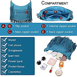 Vintage Tassel Crossbody Bag Premium Vegan Suede Saddle Purse Fringe Shoulder Bag for Women Girls (Turquoise)