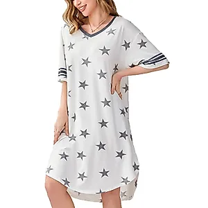 ft FENTENG Nightgowns for Women Sleepwear Loose Short Sleeve Nightdress V Neck Nightgowns Sleepshirts Comfy Nightshirt S-3XL (White, L)