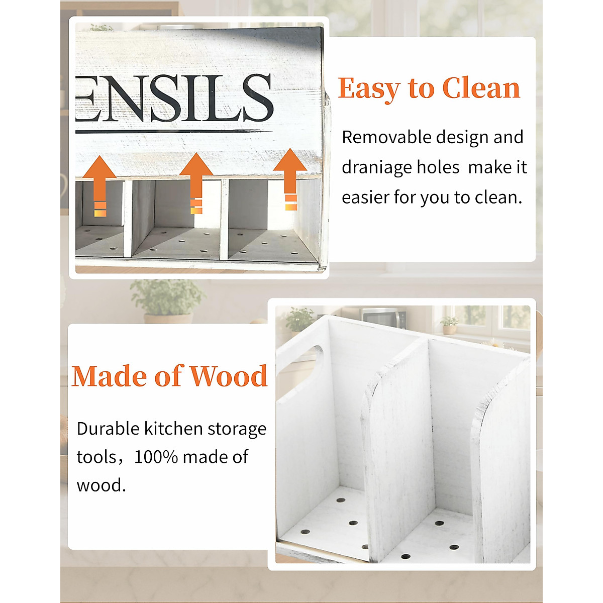 brekle White Kitchen Utensil Holder Rustic Large Wooden Utensil Organizer Cooking Tools Storage