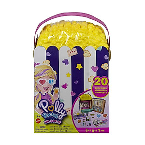 Polly Pocket Un-Box-It Playset, Popcorn Shaped Box Opens to a Movie Theater Adventure, 20 Accessories Including 2 Micro Dolls & 3 Tiny Takeaways