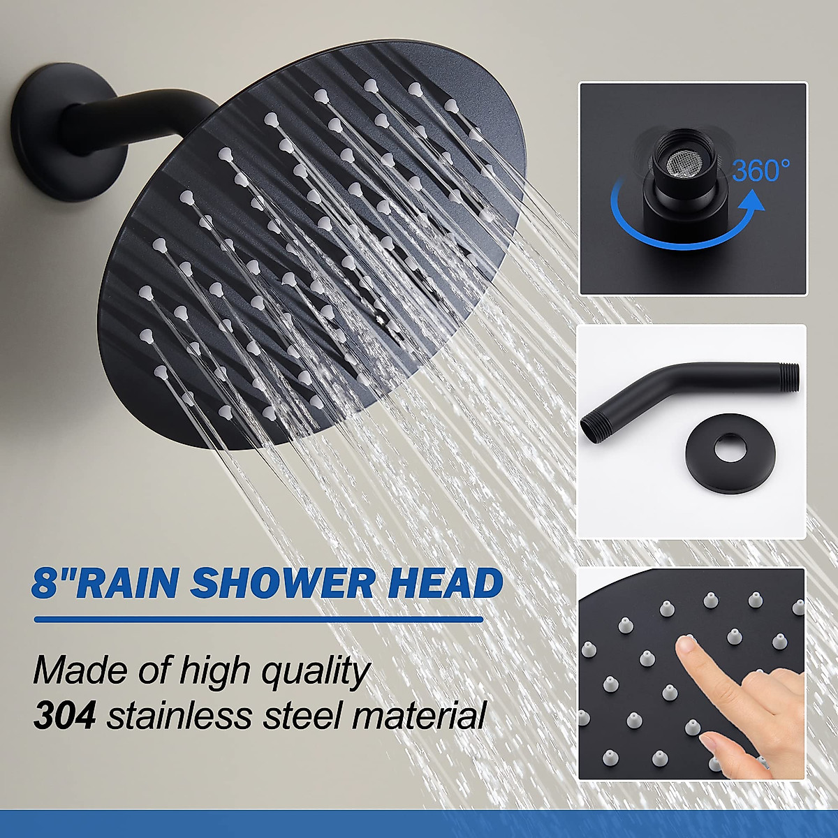Holispa Tub Shower Faucet, Matte Black Shower Faucet Set with 8-Inch Rainfall Shower Head and Tub Spout, Shower Tub Faucet Set Complete (Included Shower Valve), Tub Shower Trim Kit, Matte Black