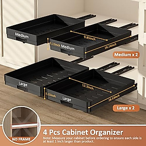 4 Pack Pull Out Cabinet Organizer, Slide Out Drawers for Kitchen Cabinets, Under Sink, Pantry, Bathroom, Cabinet Pull Out Drawers Shelves with Adhesive Nano Film Fixed and Slide Out Rails