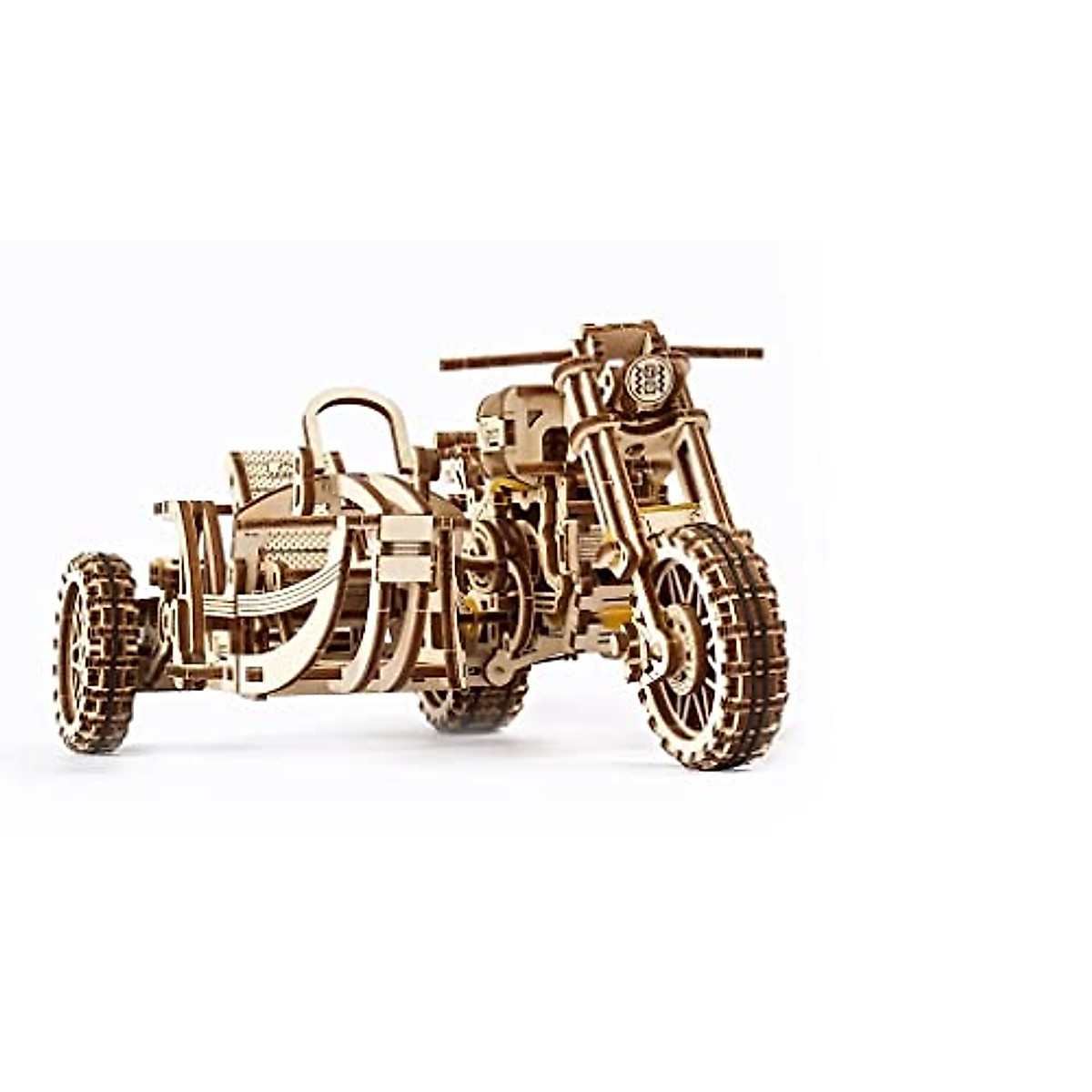 UGEARS Motorcycle with Sidecar 3D Puzzles - UGR-10 Motorcycle Scrambler Perfect Father's Day Gift Idea Wooden Model Kits for Adults to Build - Retro Design Sidecar Motorbike Model Kit with Rubber Band Motor