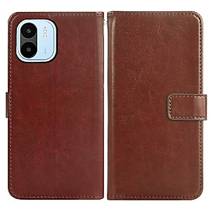 Asuwish Compatible with Xiaomi Redmi A1 Wallet Case Tempered Glass Screen Protector and Leather Flip Cover Card Holder Stand Cell Accessories Phone Cases for Redme 1A 2022 Women Men Brown