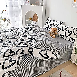 Wellboo Love Comforter Sets Queen Black and White Bedding Comforters Cotton Women Girls Heart Shaped Bed Quilts Brush Ink Love Pattern Quilts Adults Girls Modern Kawaii Black White Dorm Comforters