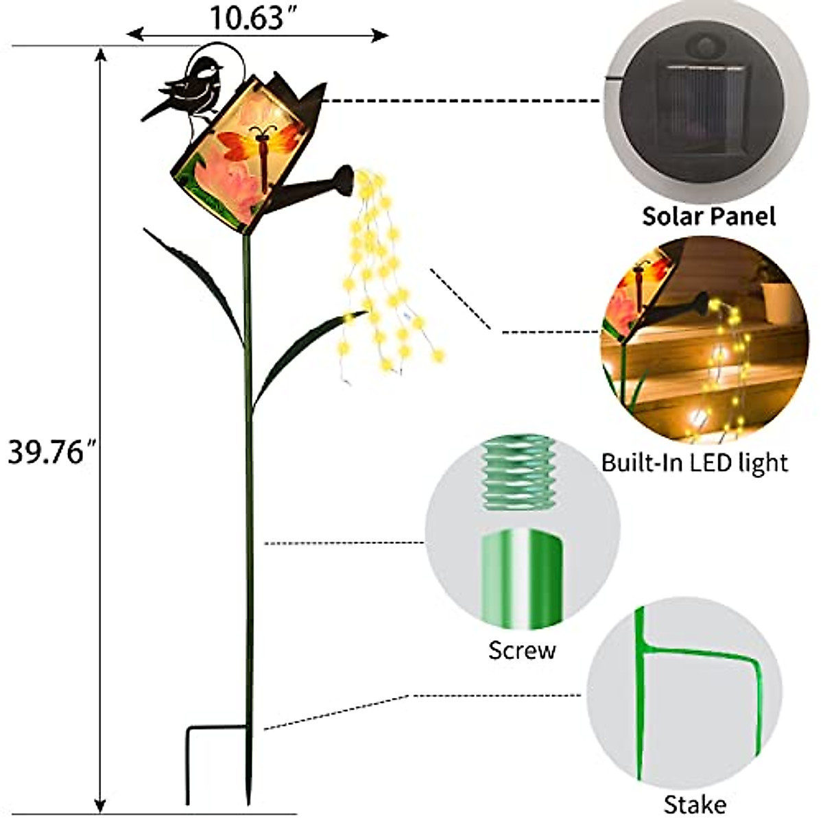 WUFEILY Solar Outdoor Lights Decorative, Dragonfly Garden Decor Glass Solar Watering Can with Cascading Lights Solar Garden Lights Yard Art Garden Stakes for Walkway, Pathway, Yard, Lawn, Patio