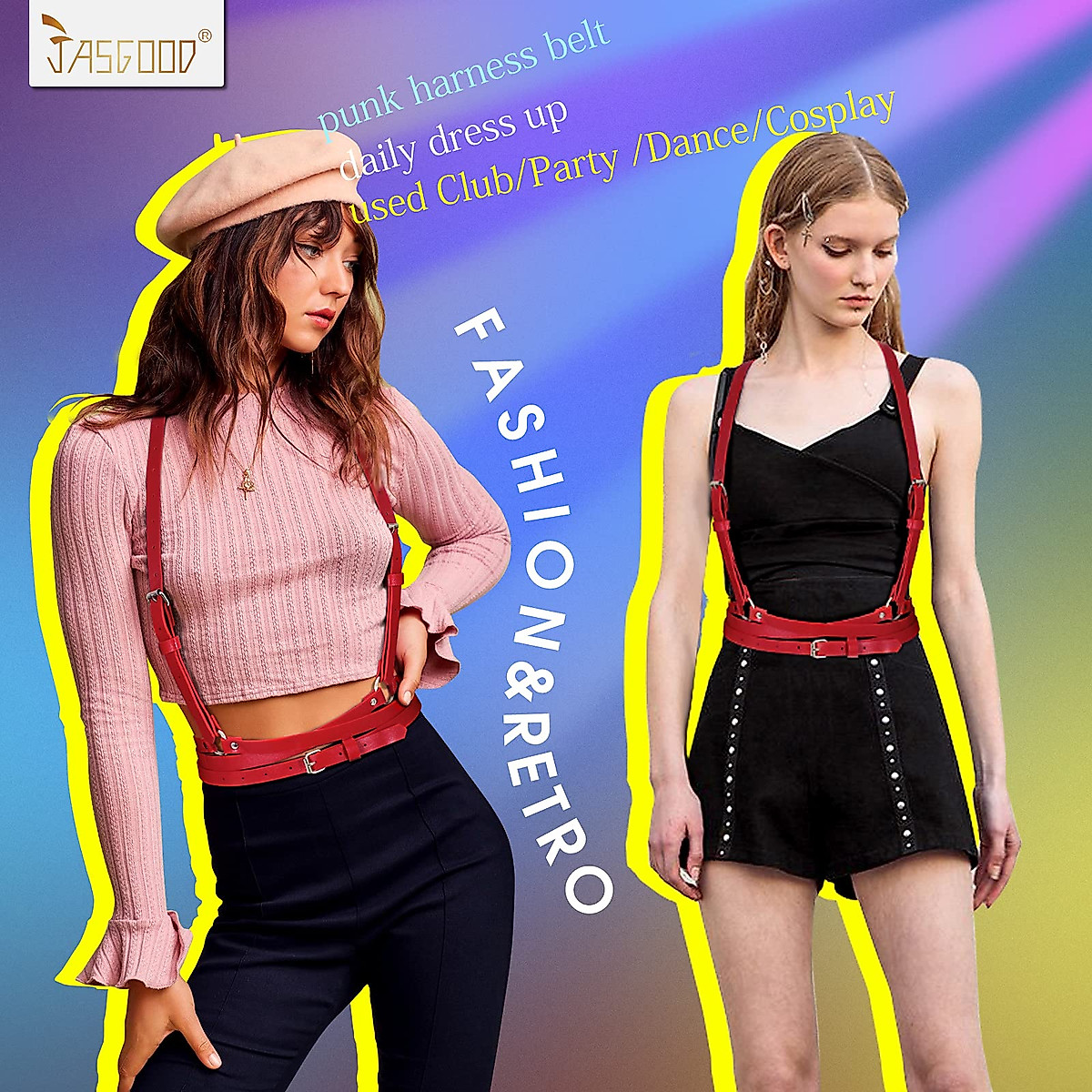 JASGOOD Punk Leather Thin Belt for Women Faux Leather Skinny Body Adjuatable Belts with Gothic Circle Chain(Red,Fit Waist Size 28''-36'')