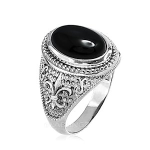 Sterling Silver Fleur-De-Lis Black Onyx Gemstone Ring (9.5)