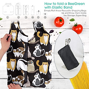 BeeGreen 12 Packs Cute Dogs Reusable Grocery Bagsw Storage Pouch & Elastic Band Reusable Shopping Bags Bulk 50LBS X-Large-Foldable-Machine Washable-Heavy Duty Bags Recycling Bags w Handle