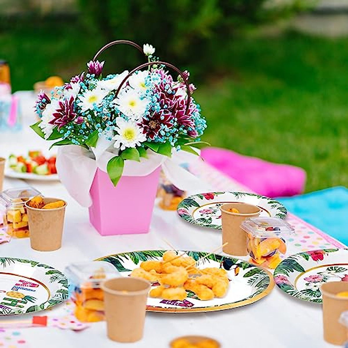 MEZOOM 75pcs ALOHA Tableware Set Tropical Luau Napkin Flamingo Paper Plate(7 & 9 In) Hawaiian Disposable Dinnerware Set with Hibiscus Flower & Palm Leaf for Summer Beach Themed Party Serves 25 Guests