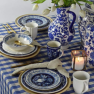 Euro Ceramica Blue Garden 16 Piece Oven Safe Hand Painted Stoneware Dinnerware Set, Service for 4, Bold Vase Design/Floral Pattern, White and blue