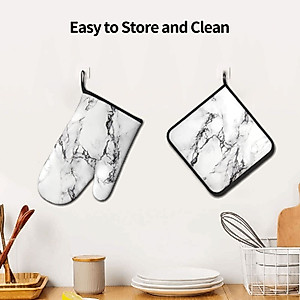 Simple White Marble Stone Funny Oven Mitt and Pot Holders Set Heat Resistant for Kitchen Cooking Baking Grilling Waterproof Non-Slip Thick Oven Gloves