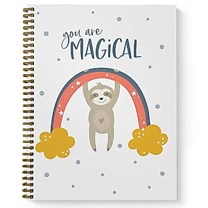Softcover Magical 8.5" x 11" Motivational Sloth Spiral Notebook/Journal, 120 Wide Ruled Pages, Durable Gloss Laminated Cover, Gold Wire-o Spiral. Made in the USA