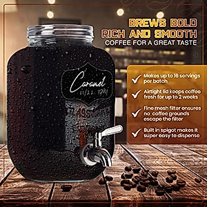 Cold Brew Coffee Maker, 1 Gallon Iced Coffee Maker, Cold Brew Mason Jar with Stainless Steel Filter, Large Iced Tea Maker With Thick Shatter Resistant Glass, Your Own Cold Brew Kit