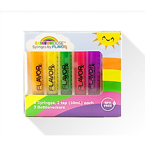 FLAVORx Rainbow Dose Oral Dosing Syringes | No More Medicine-Time Meltdowns! | 5 Uniquely Colored Syringes | 10ml (2tsp) Each | 3 Bottleneckers Included | New & Improved!