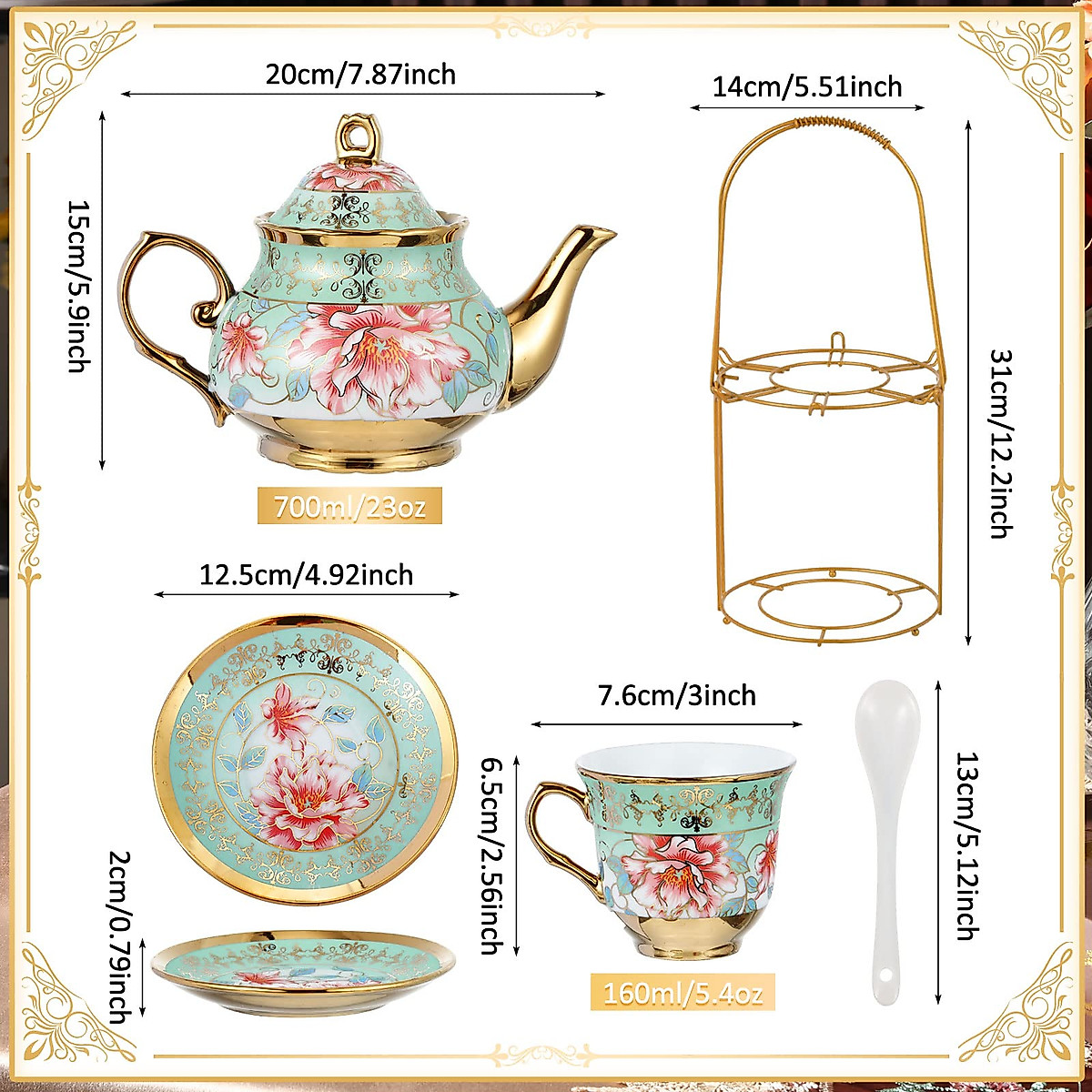 Zhehao 20 Pcs Porcelain Tea Set with Metal Holder Adult Ceramic Tea Party Set European Flower Tea Cup Saucer Set for Adult Women Girls with Flower Painting, Large Version (Fresh Style)