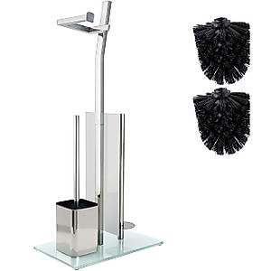 WC Set with roll Holder - Shiny Chrome - Toilet Paper Holder - Stainless Steel Chrome-Plated - Glass Base - Dim: 32x20x70cm– Easy Installation – Plus: 1+2 Extra Toilet Brush Heads for Exchange!