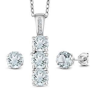 Gem Stone King 925 Sterling Silver 5MM Gemstone Birthstone and White Diamond 3-Stone Pendant and Earrings Jewelry Set For Women | With 18 Inch Chain