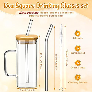 Rtteri 6 Set Glass Cups Square Drinking Glasses with Bamboo Lid Straw and Handle Appreciation Gifts for Employee Coworker Portable Coffee Mugs(13 oz, Small,Clear)