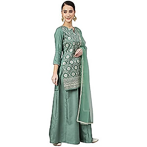 Janasya Indian Women's Mint Green Chinon Foil Print Kurta with Flared Palazzo and Dupatta(SET530-KR-PP-A-XXL)