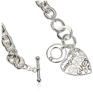 GUESS "Basic" Silver and Crystal Graffiti Heart Toggle Charm Bracelet