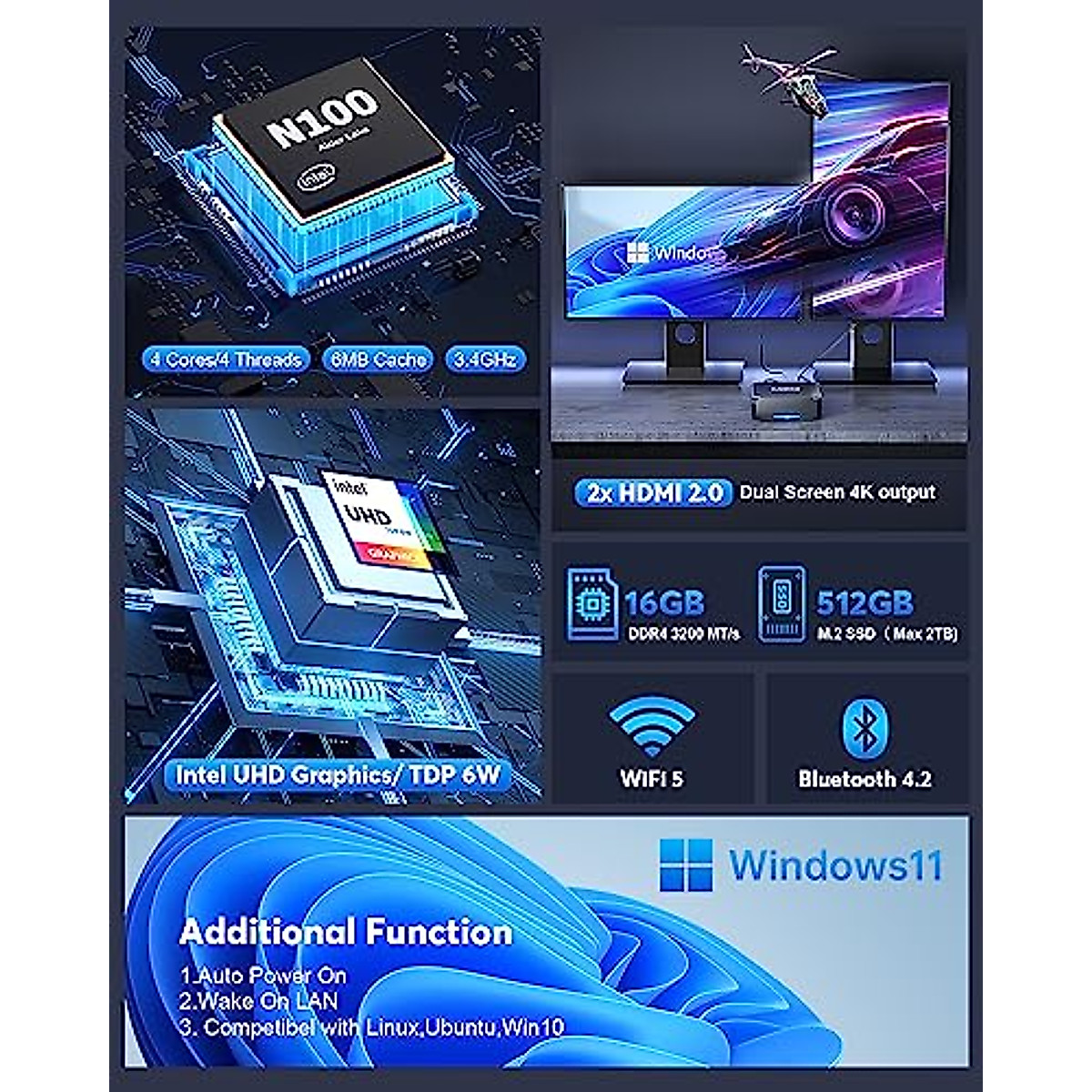 KAMRUI AK2 Plus Mini PC, Intel 12th Gen Alder Lake- N100(up to 3.4GHz) Mini Tower Computer, 16GB DDR4 RAM 500GB SSD Mini Computer Windows 11 Support 4K HD/WiFi 5/BT4.2/Gigabit Ethernet for Home/Office
