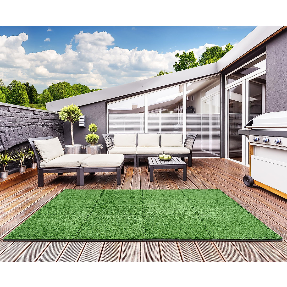 Sorbus Grass Foam Floor Tiles - 12 Interlocking Mats of 24"X24” Total of 48 Sq Ft for Kids Outdoor Toys, Playroom, Deck, Patio, Basement Home Gym - Artificial Carpet Grass Turf Indoor Outdoor Flooring