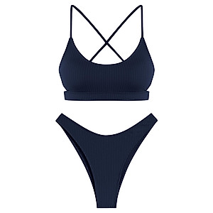 ZAFUL Women's Cutout Bikini Scoop Neck Ribbed High Cut Bikini Sets Two Piece Swimsuit (1-Deep Blue, S)