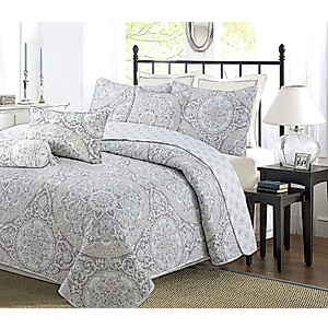 Cozy Line Home Fashions Medallion Floral Reversible Bedding Quilt Set, Lightweight Bedspread Coverlet for All Seasons (Grey Venetia, Queen - 3 Piece)