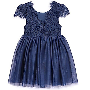Niyage Toddler Girls Cap Sleeve Floral Lace Elegant V-Back Dress Baby Tutu Tulle Party Dresses Navy Blue 90