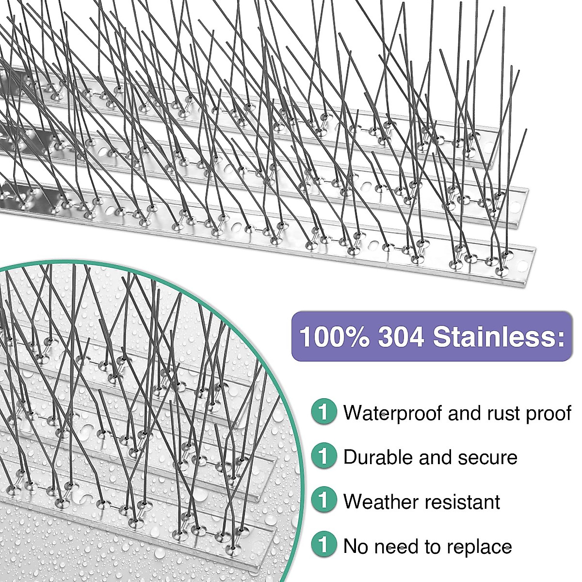 XPCARE 50.4 Feet Bird Spikes, Stainless Steel Bird Spikes Fence Spikes for Crow Robin Pigeon Squirrel Raccoon Defender Spikes (48 Packs Uninstalled)