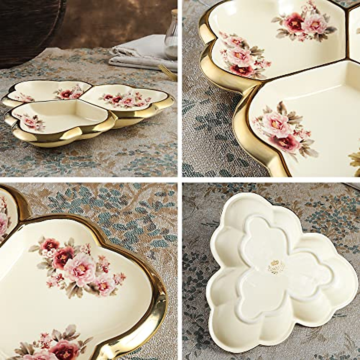fanquare 3 Compartment Platter, Gold Porcelain Appetizer Serving Tray, Floral Ceramic Divided Serving Plate for Fruit, Candy, Nuts