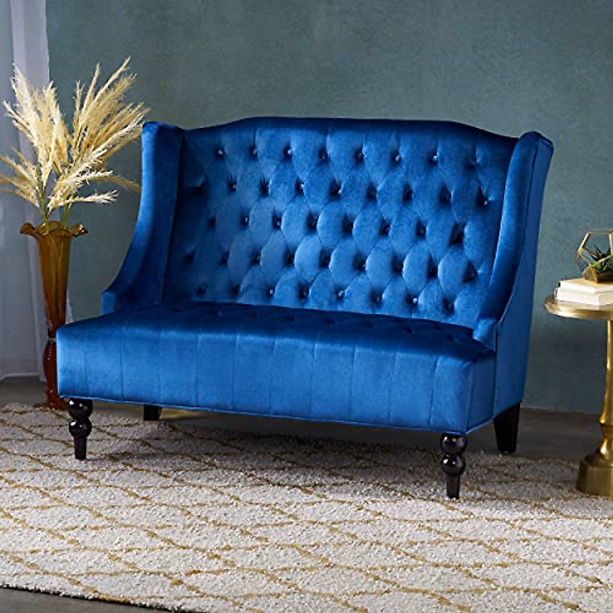 Christopher Knight Home Leora Traditional Tufted Velvet Wingback Loveseat, Navy Blue / Dark Brown