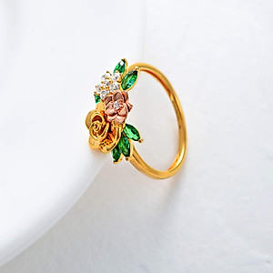 SISGEM 10K Real Gold Rose Flower Leaf Charming Rings for Women,Inlaid Moissanite Three Flower Attractive Ring for Valentine Day,Delicate Birthday Gift for Mom or Wife (10K-Yellow, 6)