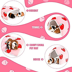 ONEJU Foldable Guinea Pig Hideout, Guinea Pig Tunnel, Rabbit Tunnel, Guinea Pig Cage Accessories for Guinea Pig, Bunny, Hamster, Chinchilla, Ferry, Rabbit and Other Small Pets - Strawberry Pattern