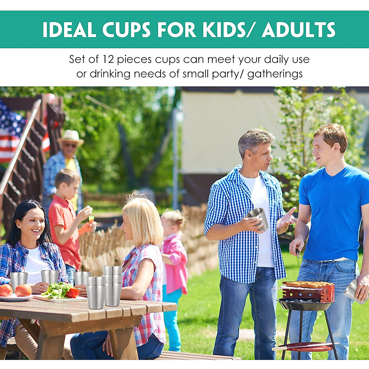 12 Pieces Stainless Steel Cups Double Wall Tumbler Glasses Stackable Glasses Metal Drinking Cups Insulated Drinking Glasses Reusable Silver Camping Mugs for Home Camping RV BBQ Office Party (8.8 Oz)