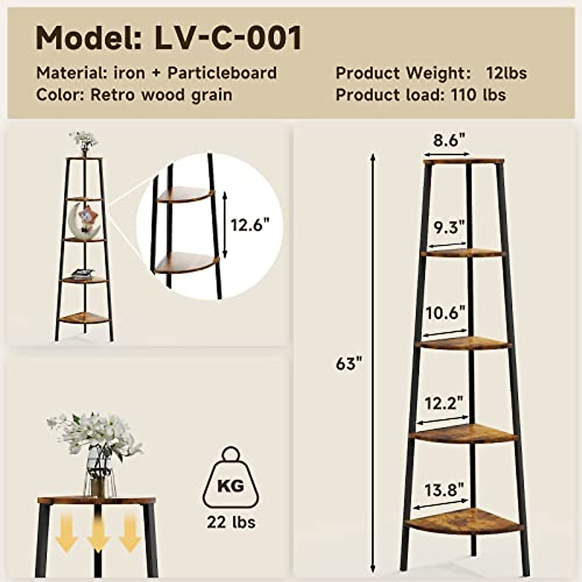 LAZEYARD 5 Tier Corner Shelf Stand, Corner Bookshelf, Corner Ladder Shelf for Bedroom, Living Room, Balcony, Office, Kitchen 62.6inches (Rustic Brown)