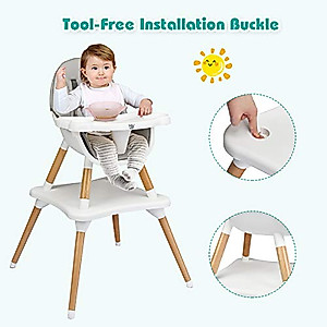 BABY JOY 5 in 1 High Chair, Convertible High Chairs for Babies and Toddlers/Booster Seat/Table and Chair Set, Infant Wooden Highchair w/ 5-Point Harness, 4-Position Removable Tray & PU Cushion, Gray