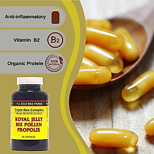 YS Organics Triple Bee Complex, Royal Jelly, Bee Pollen, Propolis - The Power of Nature Packed in 90 Capsules with Bonus worldwidenutrition Multi Purpose Key Chain