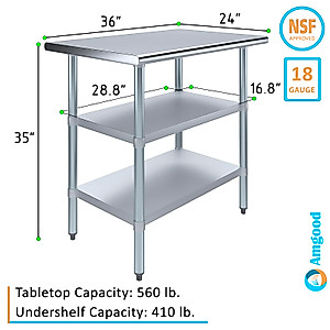 AmGood 36" Long X 24" Deep Stainless Steel Work Table with 2 Shelves | Metal Food Prep Station | Commercial & Residential NSF Utility Table