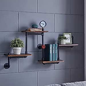 4 Tiers Industrial Pipe Shelving Wall Mounted,Rustic Wood Wall Shelf Storage Metal Floating Shelves Unit Bookshelf Hanging Wall Shelves for Farmhouse Kitchen Bar Bathroom Living Room Home Decor