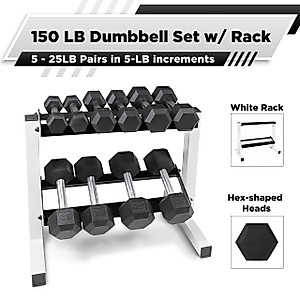 WF Athletic Supply 5-25Lb Rubber Coated Hex Dumbbell Set with Two Tier Storage Rack Non-Slip Hex Shape for Muscle Toning, Strength Building & Weight Loss, White Rack, Straight Handle