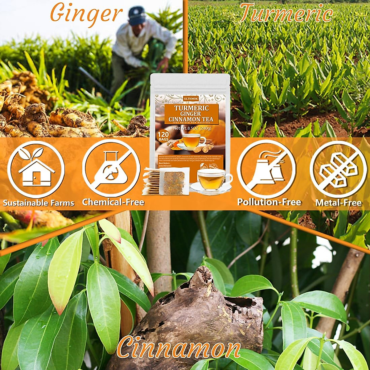 120 Premium Turmeric, Ginger, Cinnamon Blend Tea Bags, 100% Natural & No Additives & Caffeine Free.