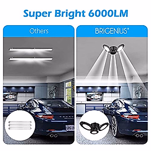 BRIGENIUS LED Garage Light, 60W LED Garage Lighting, 6000LM 6500K LED Three-Leaf Garage Ceiling Light, Deformable E26/E27 Garage Lights for Garage, Workshop