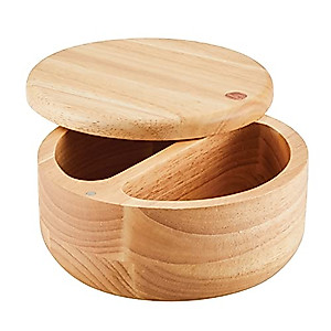Ayesha Curry Kitchenware Pantryware Parawood Round Wooden Salt and Spice Box with Two Compartments, 17 Ounce, Brown
