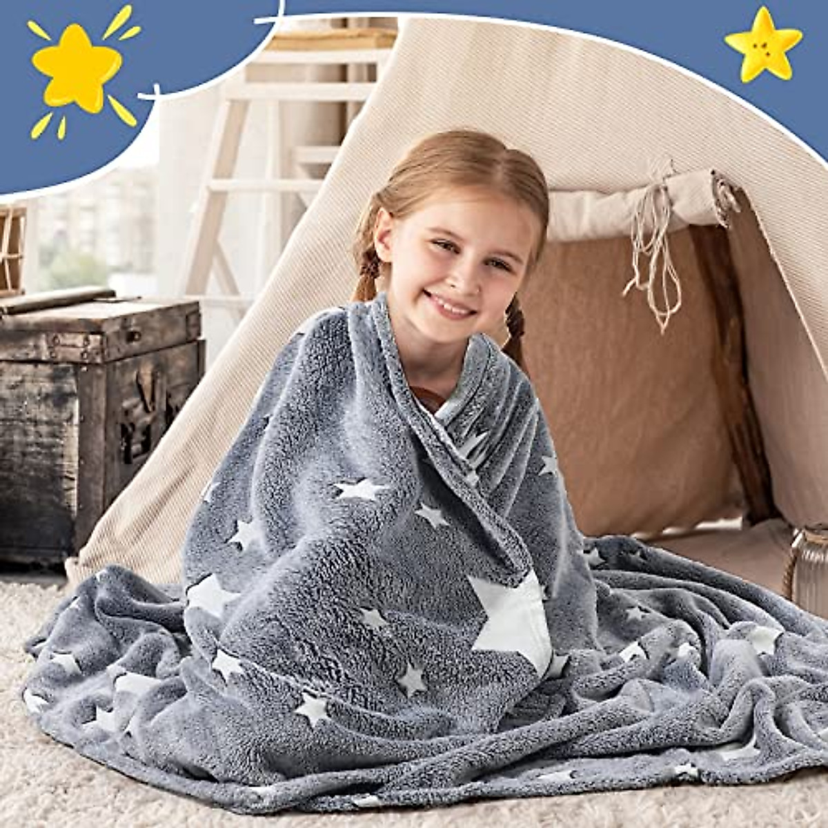 Chumia 2 Pieces Glow in The Dark Throw Blanket Flannel Fleece Blanket Soft Warm Cozy Kid Throw Blanket for Boys Girls, 47 x 59 Inch (Moon, Star)