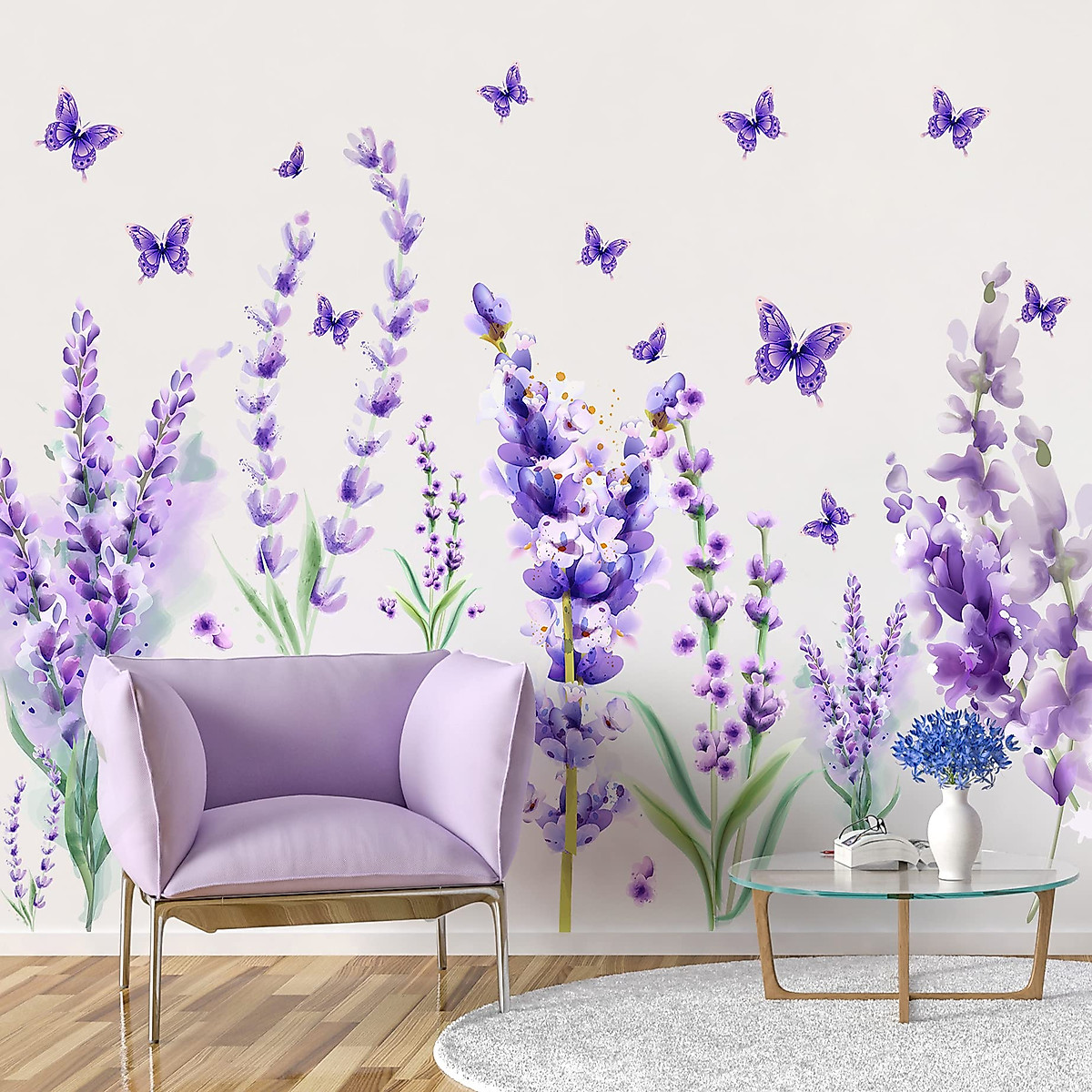 Removable Purple Lavender Wall Decals Purple Flowers Butterfly Wall Stickers DIY Removable Watercolor Floral Flowers Butterfly Wall Art Murals for Kids Girls Bedroom Living Room Nursery Office DT-6009