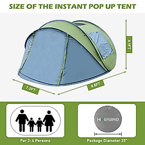 Pop Up Tent, HIKERBRO 4 Person Instant Tent with Skylight, Waterproof Instant Pop Up Tent with Rainfly, Easy Setup Camping Tents, 2 Doors & Windows, 4 Men Automatic Family Tent for Hiking, Traveling